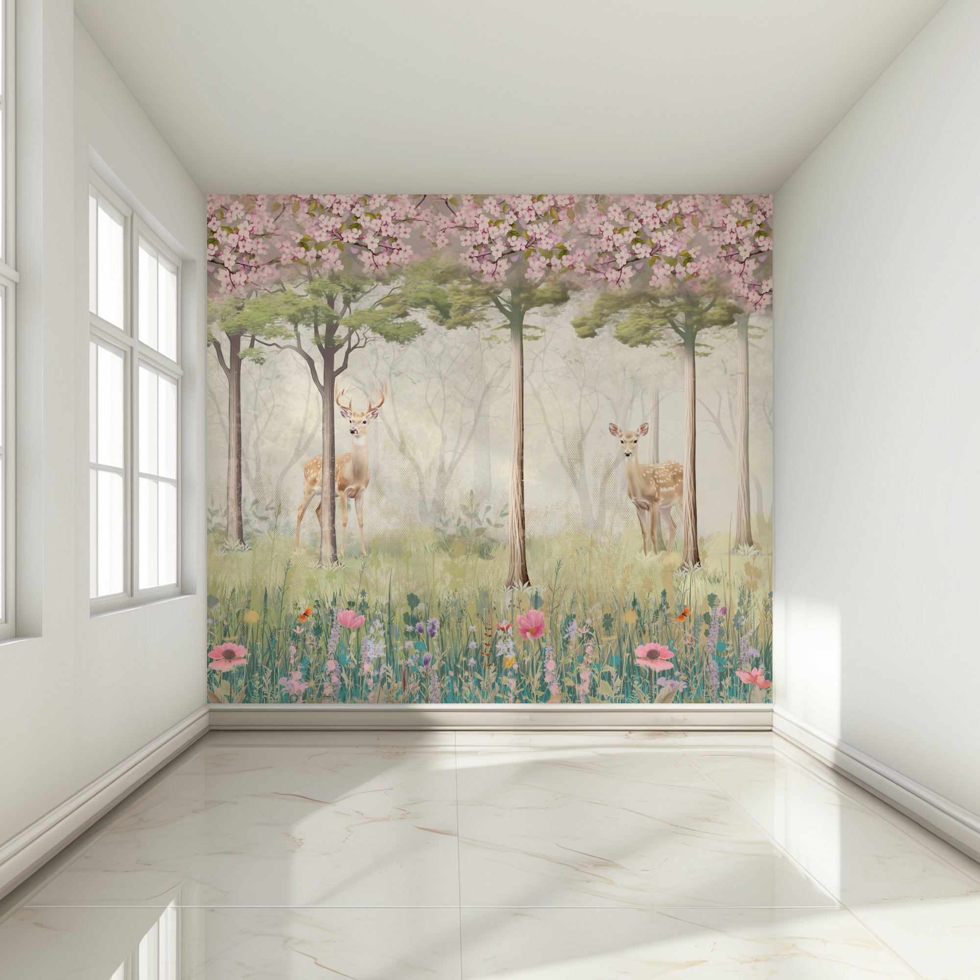 Фотообои 3д на стену "Лес с оленями", флизелиновые 300х270 см на кухню, спальню, зал
