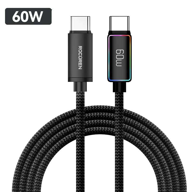 Кабель USB C - USB C Rocoren 3 м, 60 Вт, черный
