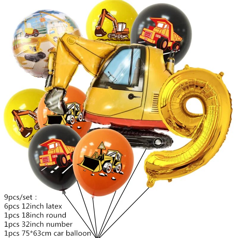 9 шт, латексные шары для строительной машины, экскаватор, кран, воздушные шары с номером для мальчиков, украшения для дня рождения, подарки Sup