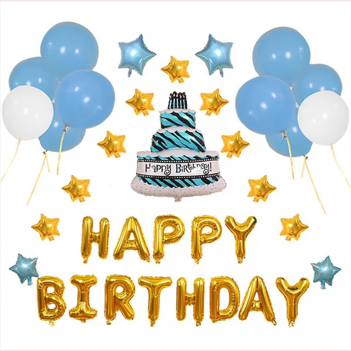 Набор воздушных шаров Happy Birthday / С днем рождения. Комплект голубой праздничный торт