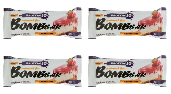 Батончик с высоким содержанием протеина BOMBBAR, Малиновый чизкейк, 60 гр, 4 шт