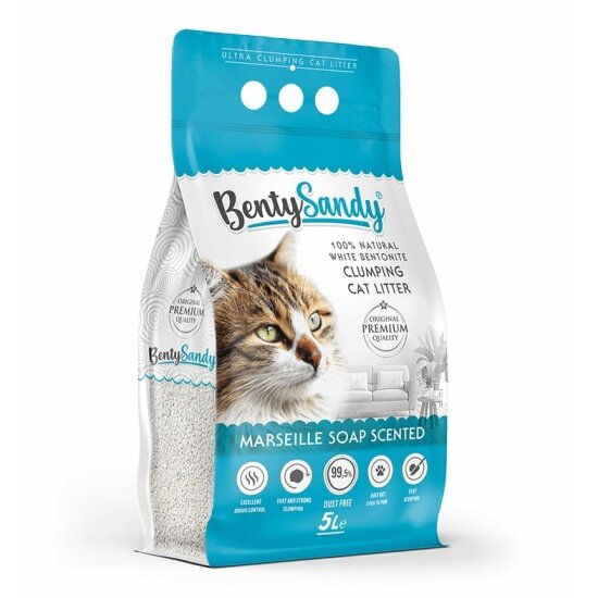 Наполнитель для кошачьих туалетов Bentysandy Marseille Soap комкующийся, бентонитовый, с ароматом марсельского мыла, 4,35 кг (5 л)