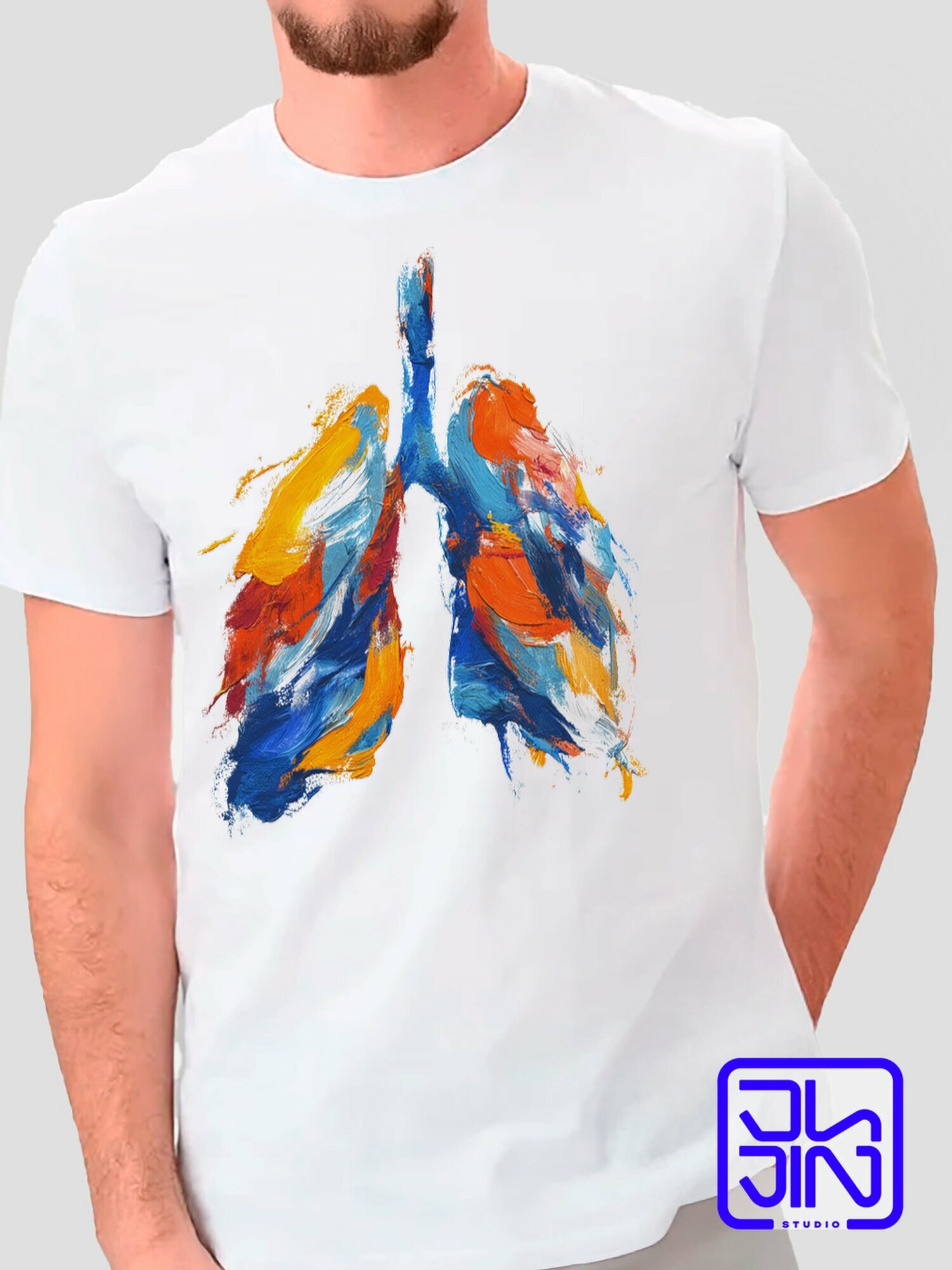 Футболка классическая мужская с авторским принтом Легкие абстрактные белые анатомические формы в разноцветной яркой абстракции, белый хлопковый трикотаж с прикольным рисунком на груди
