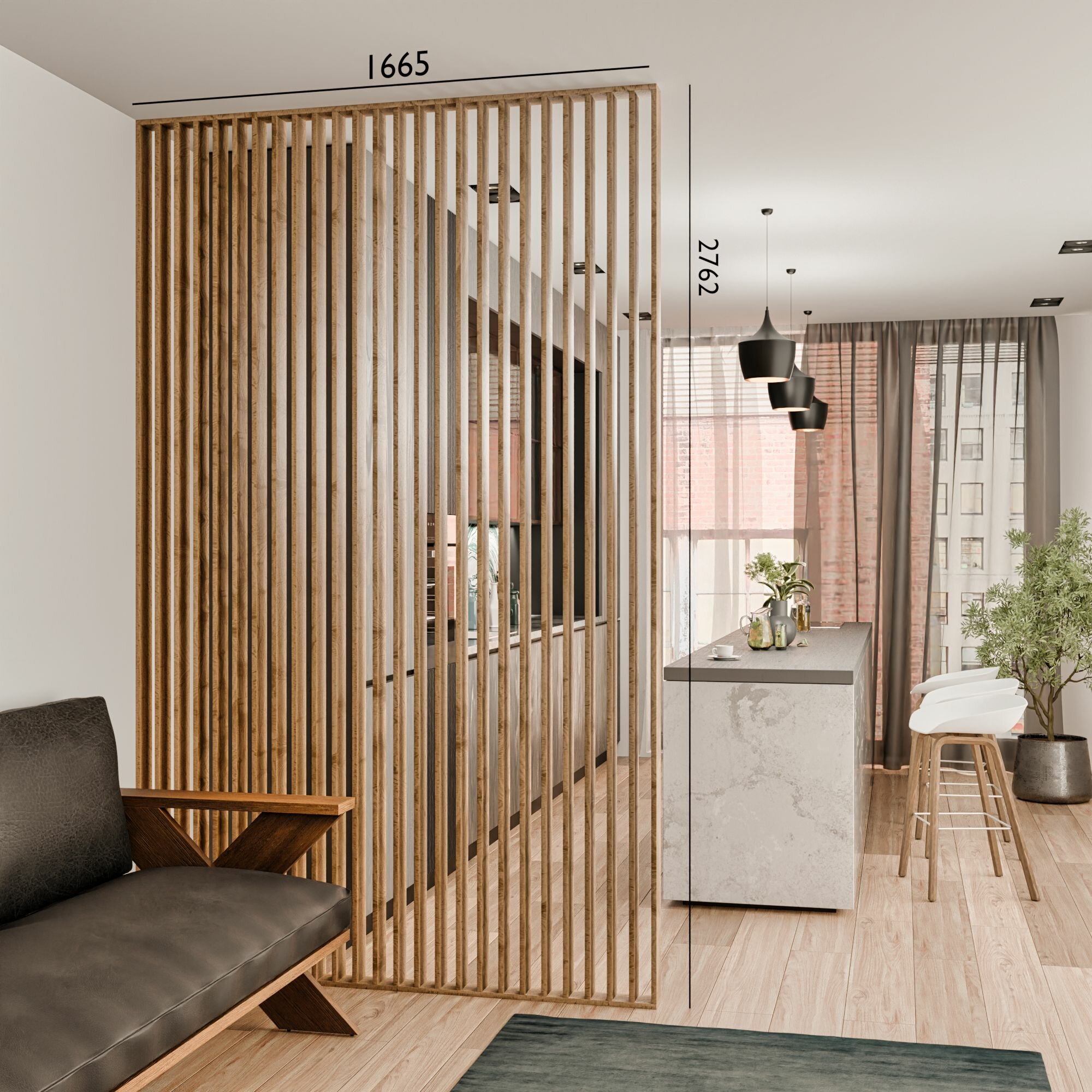 Реечная перегородка для зонирования 1665 мм, 16х80мм, дуб вотан