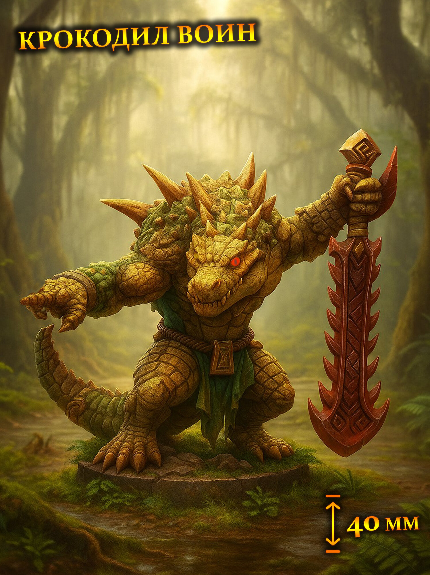 Крокодил Воин с двуручем (расы: Людоящер, Lizardmen, Seraphon) Воин, Варвар, Файтер миниатюра для DnD (ДнД) и других Настольных игр (НРИ, Варгеймов или РПГ), фентези тематика