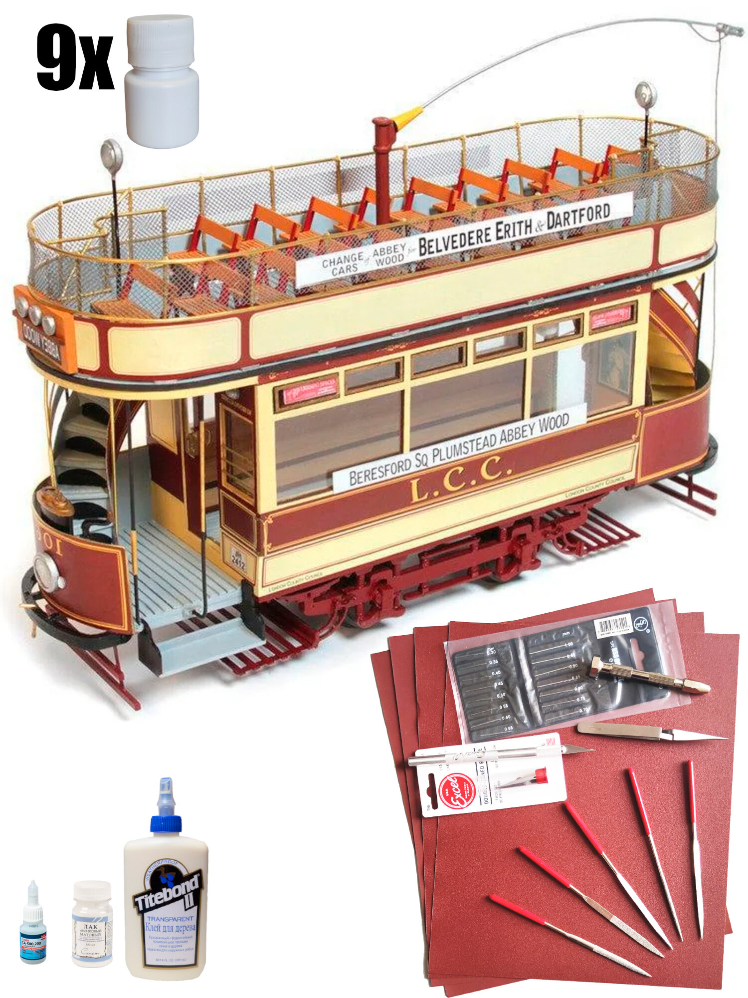 Модель трамвая OcCre, London L. C. C.106, 355х216х93 мм, 1:24, подарочный набор, инструмент, краски, лак, клея