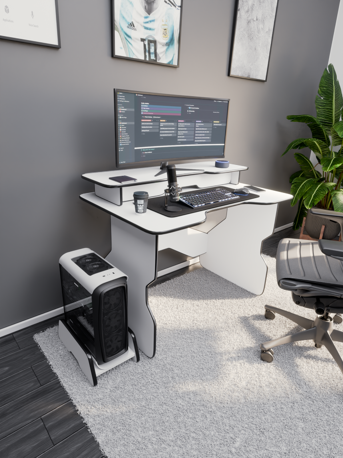 Игровой компьютерный стол для геймера белый с черной окантовкой с полкой под монитор 106х73х75