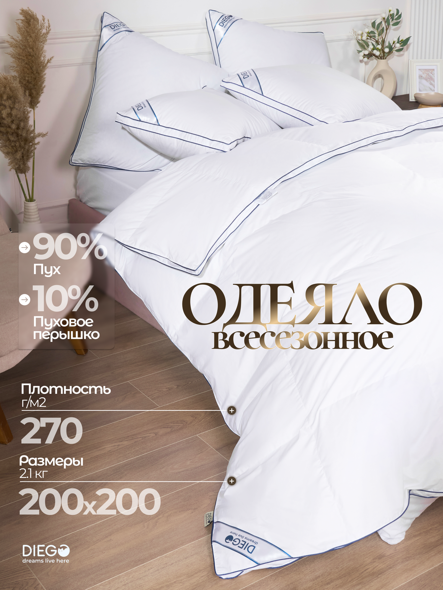 Одеяло 200х200 всесезонное теплое пышное легкое чехол хлопок Safisa от Diego