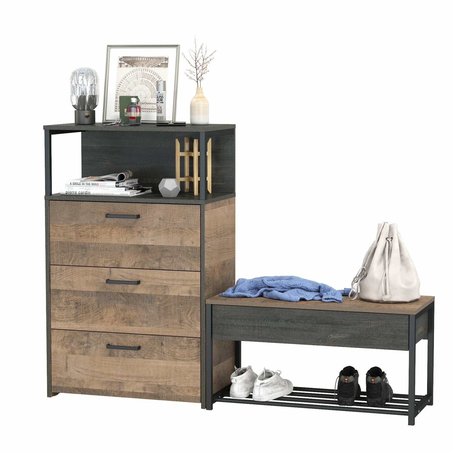 Тумба для обуви с сиденьем и комод с ящиками Трувор, цвет дуб гранж песочный/интра, ШхГхВ 146х37х106,9 см.