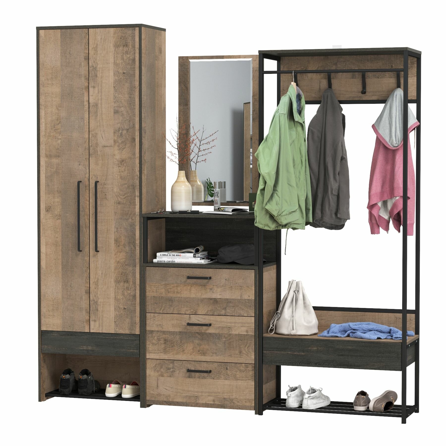 Мебель для прихожей лофт Трувор № 236, цвет дуб гранж песочный/интра, ШхГхВ 209,2х37х210 см, универсальная сборка