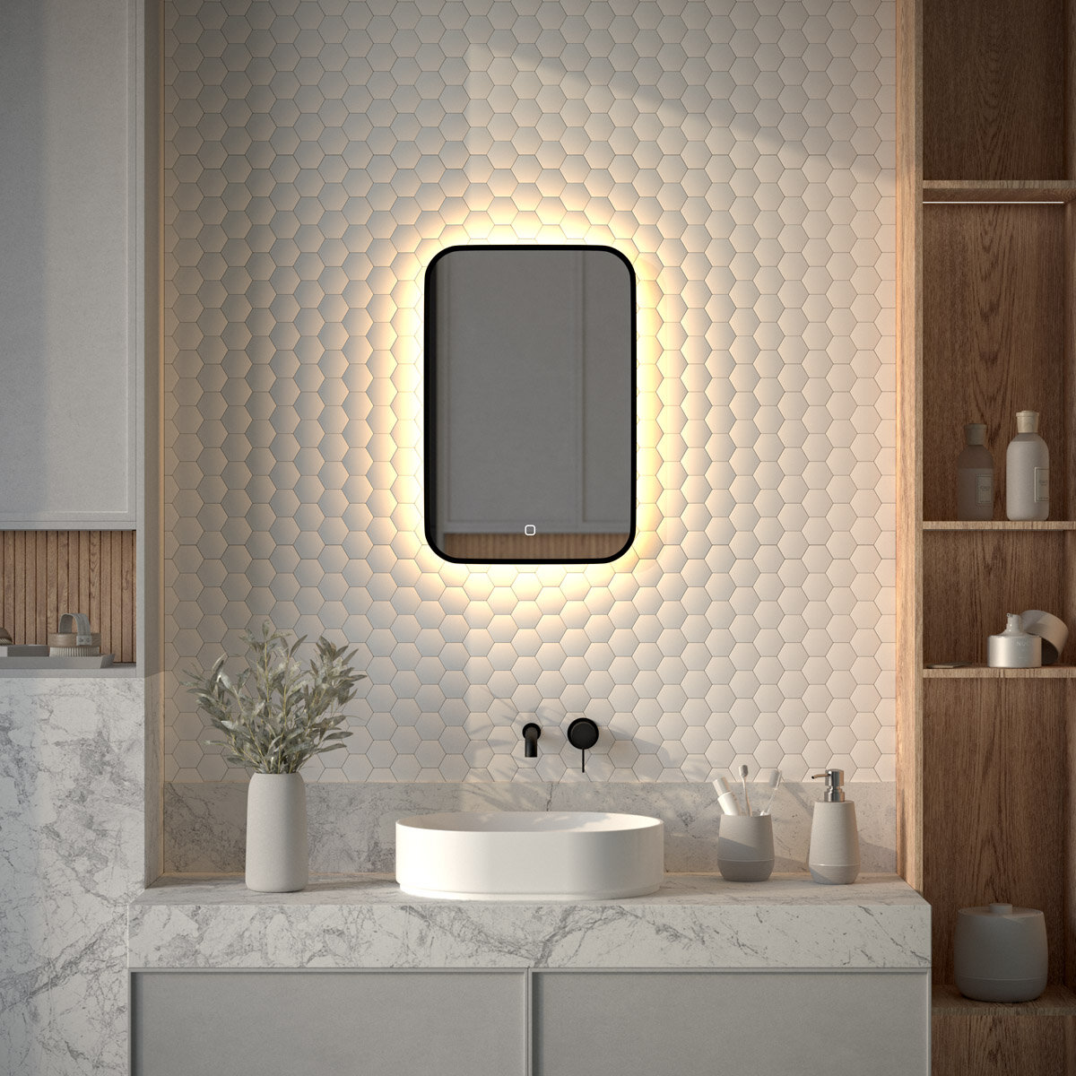 Зеркало с окантовкой и LED-подсветкой настенное AURA DEFESTO 40x60 см (Сенсорный выключатель), для гостиной, прихожей, спальни, кабинета и ванной комнаты, DF 2972S