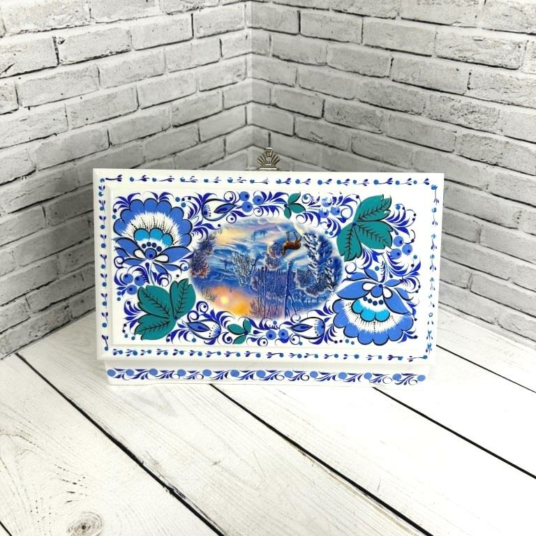 Шкатулка для денег зимний пейзаж 180х100 мм деревянная с росписью Хохлома