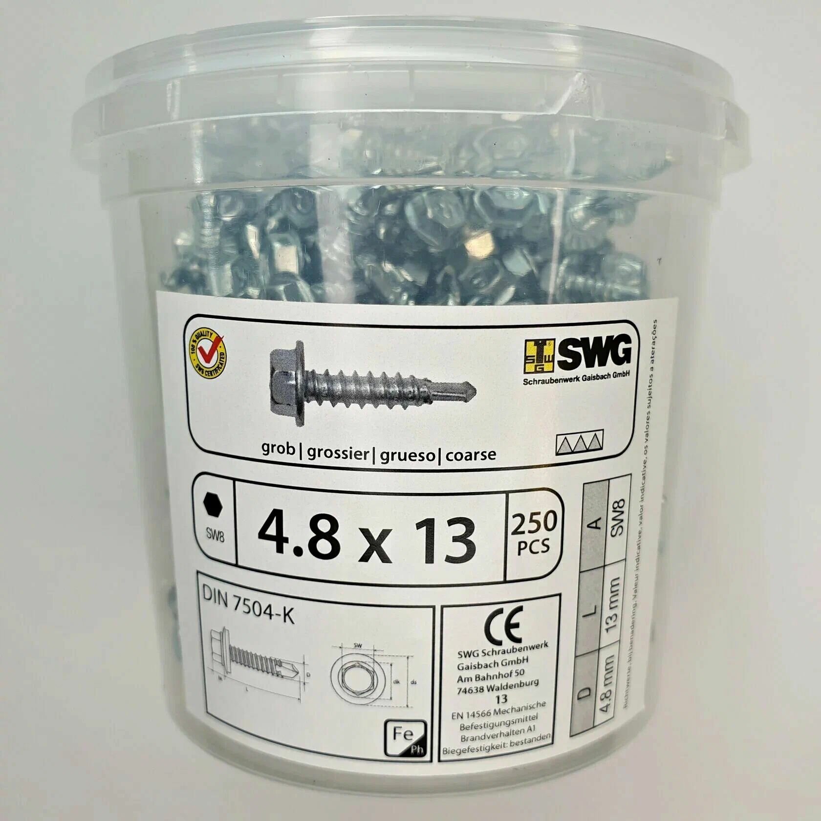 Саморез по металлу SW8 DIN 7504-K с фланцем 4.8x13 (250 pcs) SWG, Германия