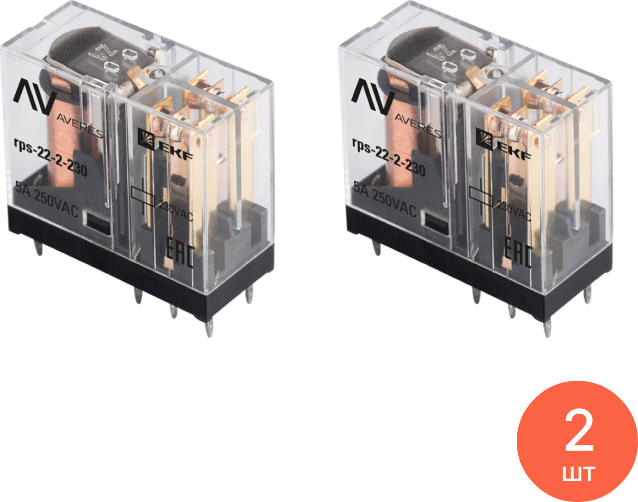 Реле промежуточное EKF / ЕКФ Averes РП slim 22/2, 13x26x29мм, 5А 230В АС, rps-22-2-230 / электрика (комплект из 2 шт)