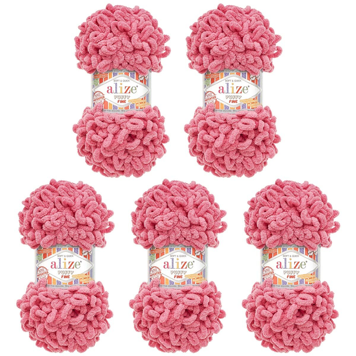 Пряжа для вязания руками с готовыми петлями ALIZE 'Puffy Fine' 100г, 14,5м (178 розовая орхидея), 5 мотков