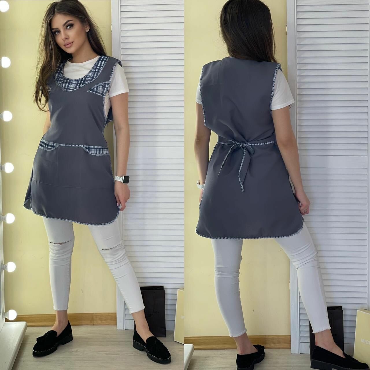 Сарафан рабочий женский Рита из Габардина. Халат парикмахерский, фартук универсальный подходит для продавцов, уборщиц, поваров, флористов и парикмахеров