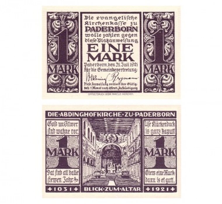 Нотгельд 1 марка 1921 Германия, Paderborn, сувенирная копия, банкноты и купюры редкие коллекционные