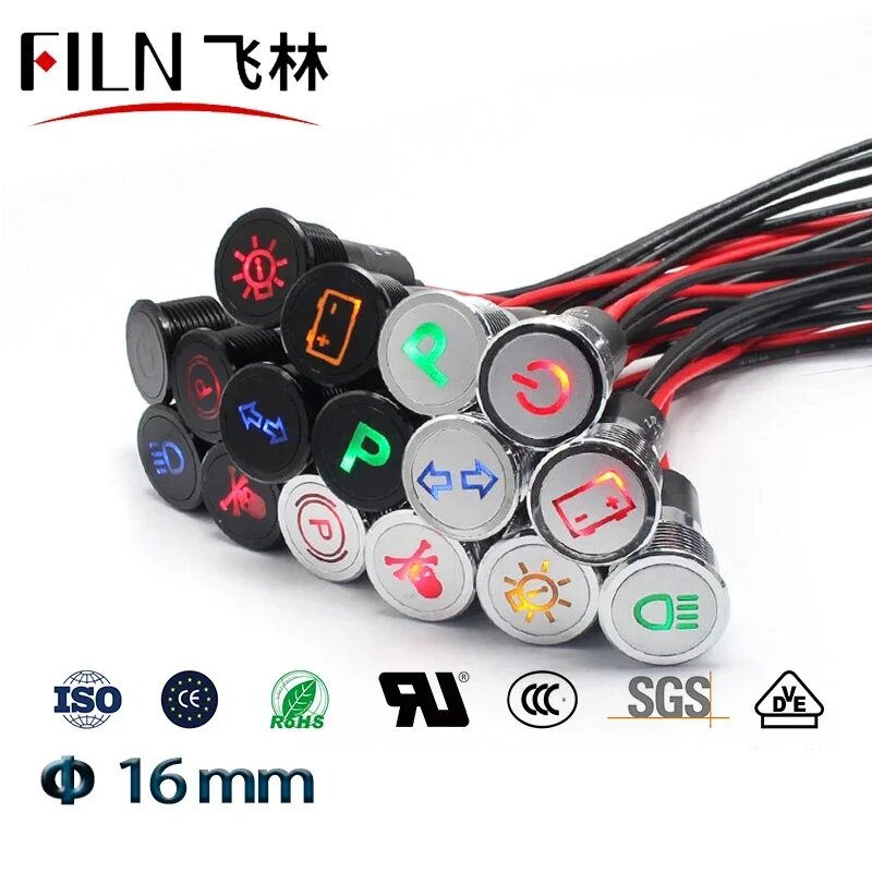 Индикаторная лампа FILN FL1M-16FW-C 16 мм, 12V YELLOW-Black