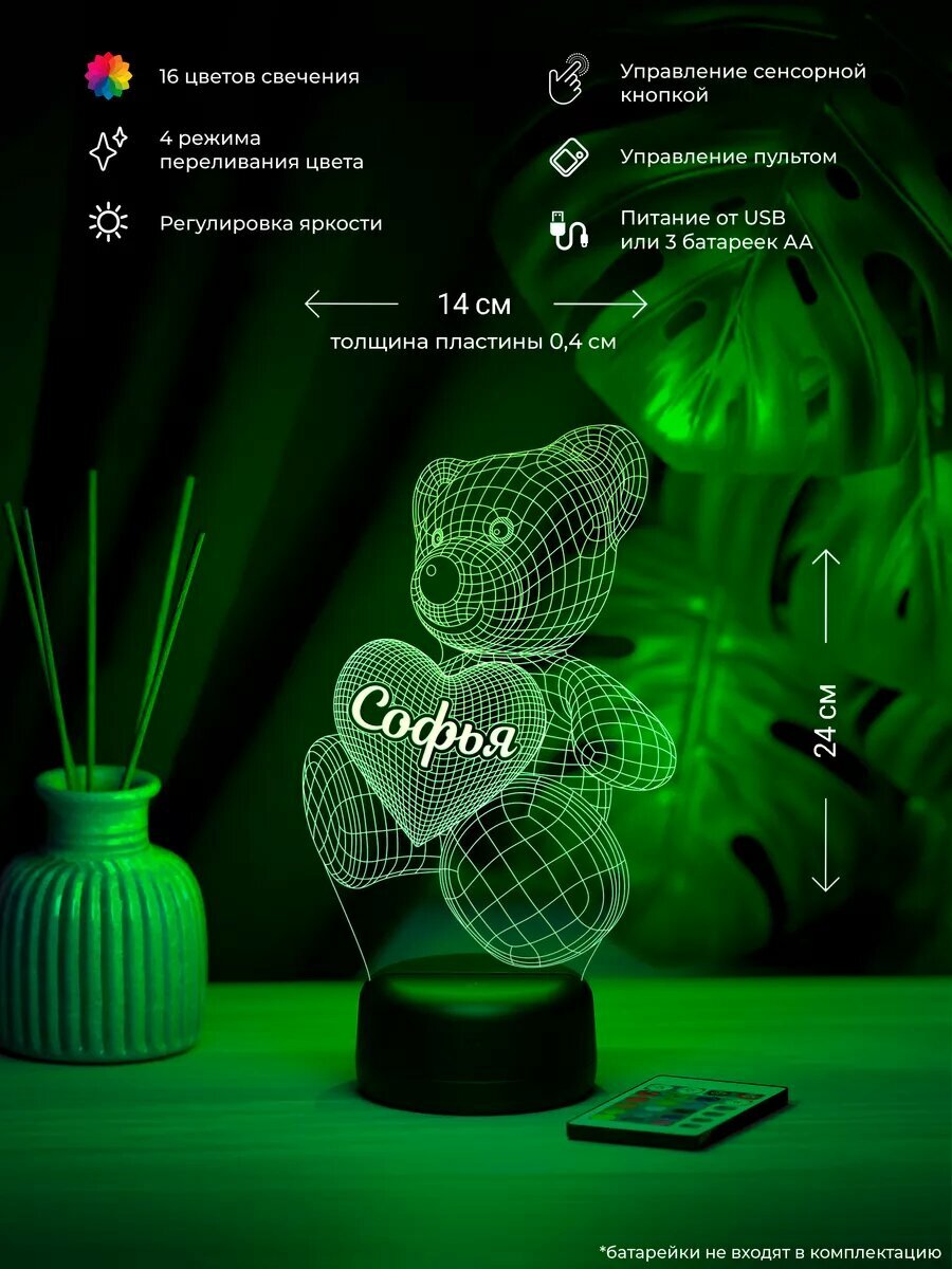 Ночник "Именной мишка Софья" - подарок девочке — фото 1