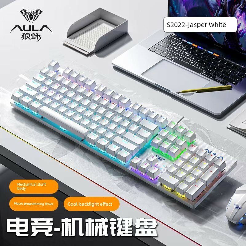 Механическая клавиатура с переключателями Cherry MX Blue, белые клавиши, USB-проводная, 104 клавиши, игровая