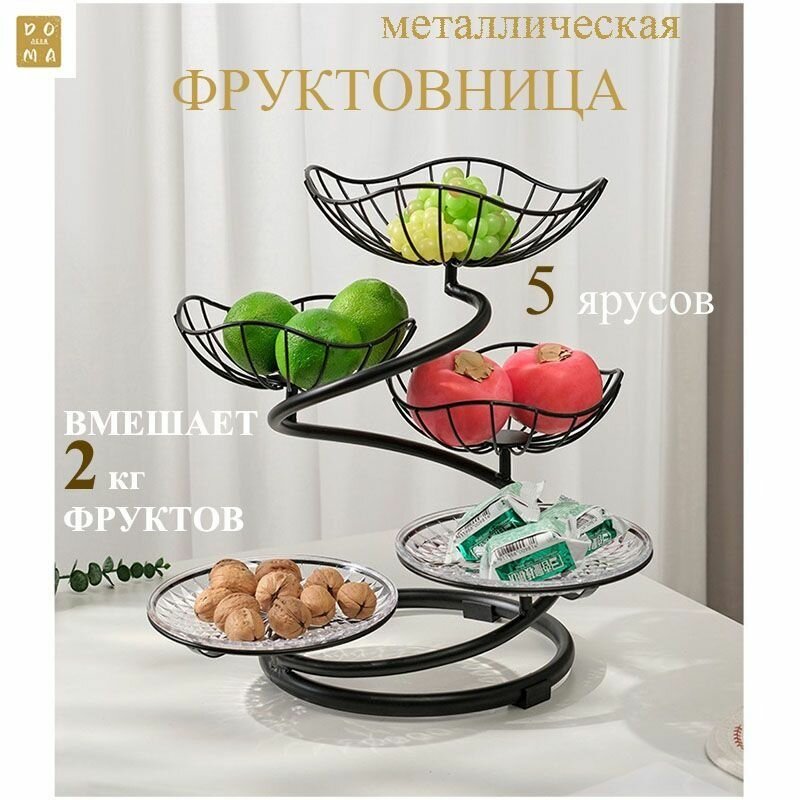 Фруктовница металлическая стеклянная 5ярусная сушилка ваза корзина подставка для фруктов конфетница на ножке черная лева BJ2312292 01
