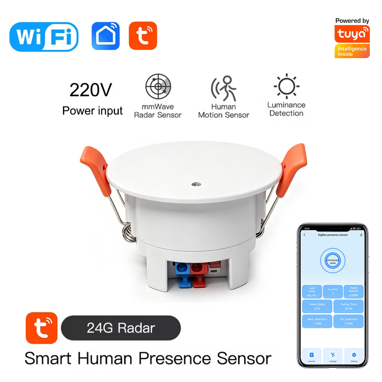 Умный датчик света и движения Wifi, Tuya Smart Life, 24G MmWave Радар, Тип потолка,220V