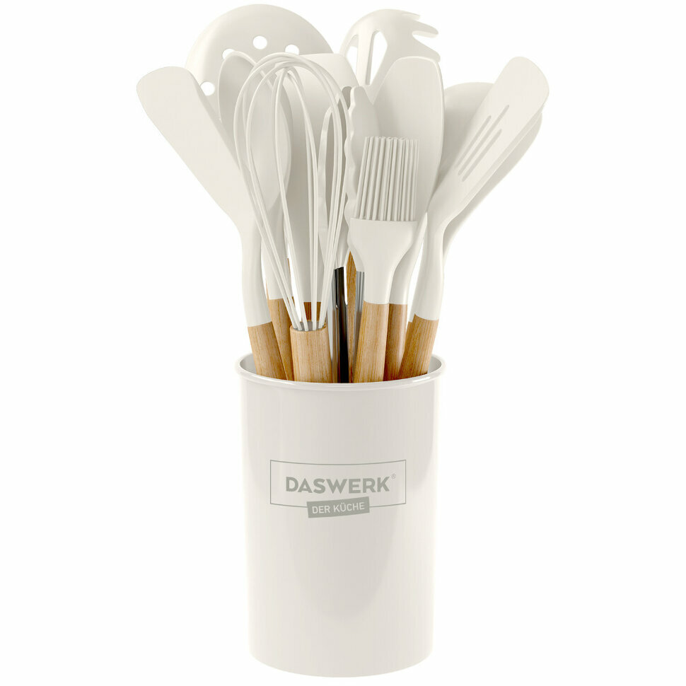 Набор силиконовых кухонных принадлежностей с деревянными ручками 12 в 1, молочный, DASWERK (дасверк), 608193, 608193