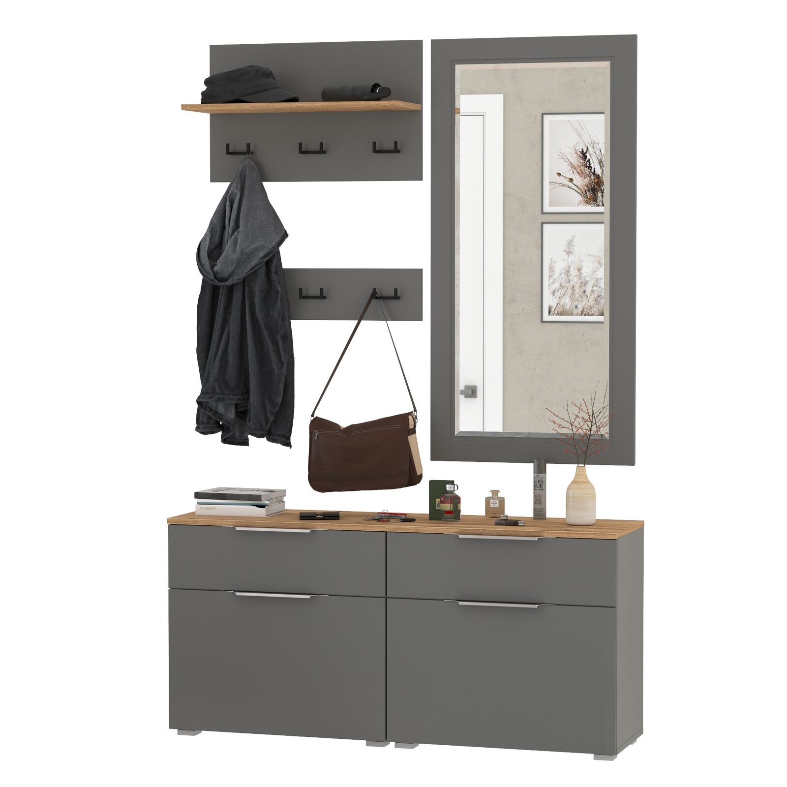 Прихожая комплект мебели для гардеробной, напольная 130см серый графит/дуб крафт золотой/фасады МДФ серый графит