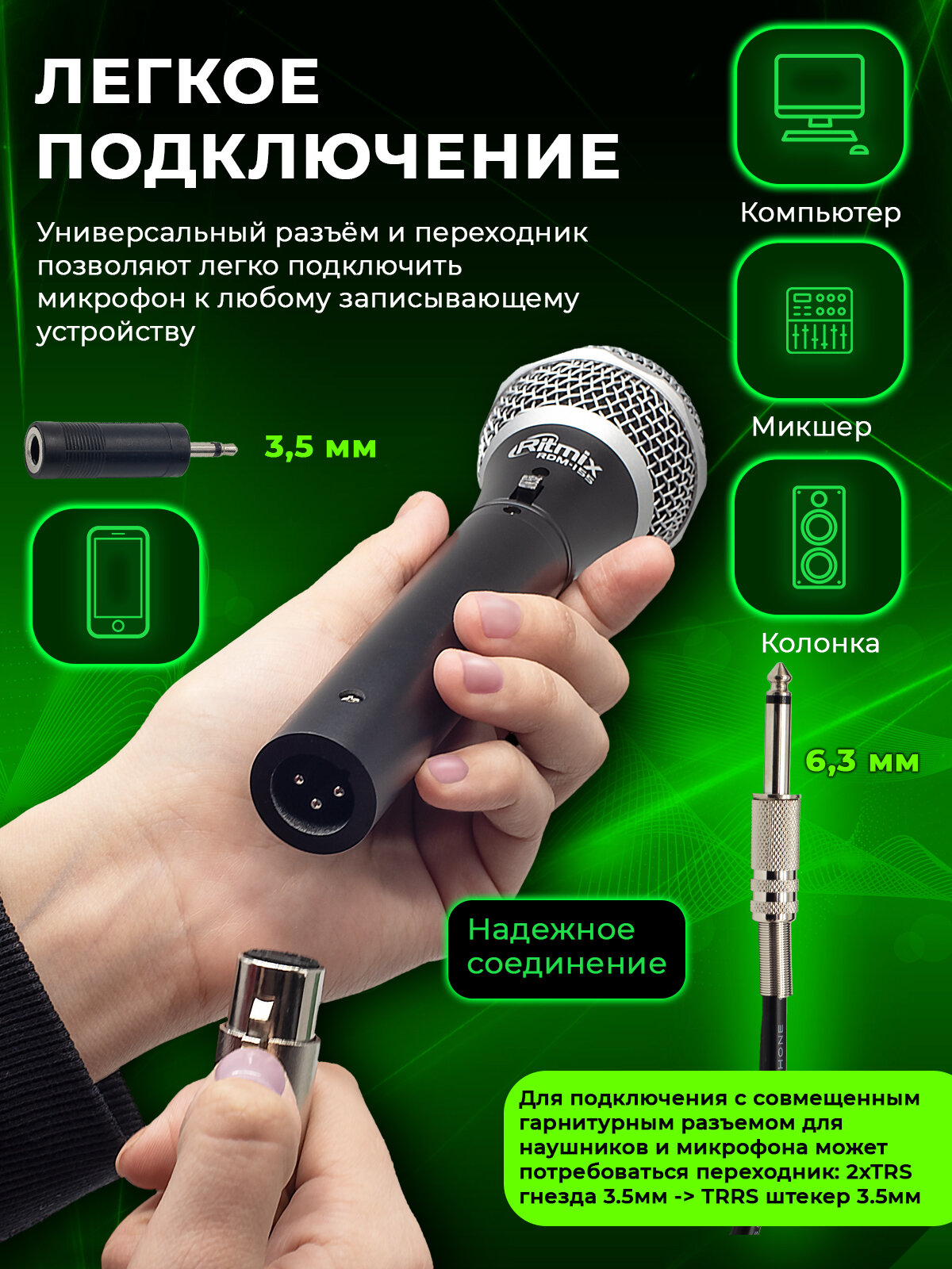 Микрофон RITMIX RDM-155 Black, проводной, динамический, вокальный — фото 1