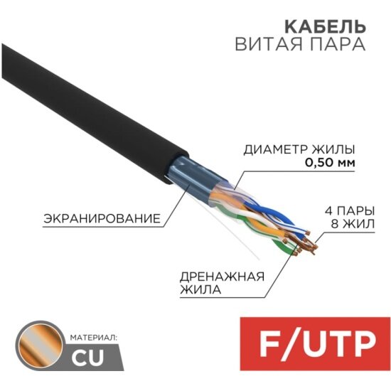Кабель витая пара Rexant F/UTP 4PR, 24AWG, медь, CAT5e, наружный (outdoor), бухта 305 м (сделан в РФ)