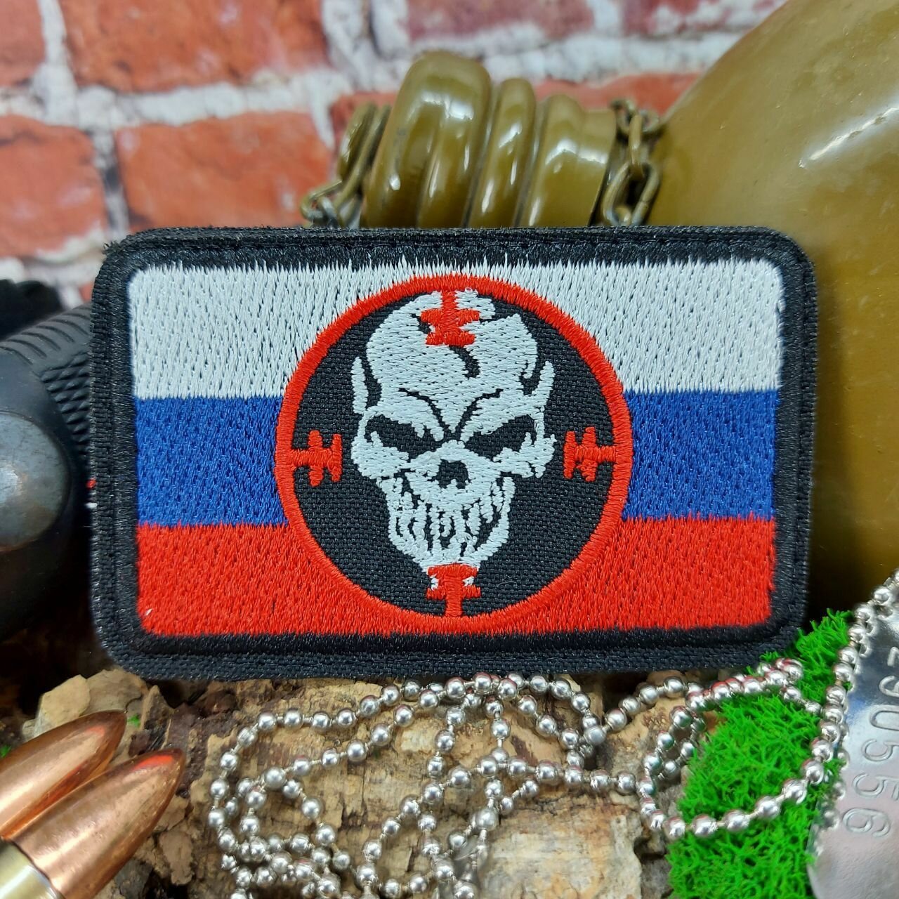 Нашивка-патч ЧВК Вагнер череп триколор Россия вышитая на липучке 7,5х4,5