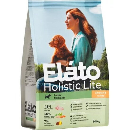 Корм сухой Elato Holistic Lite для щенков всех пород, с курицей и индейкой, 500 г