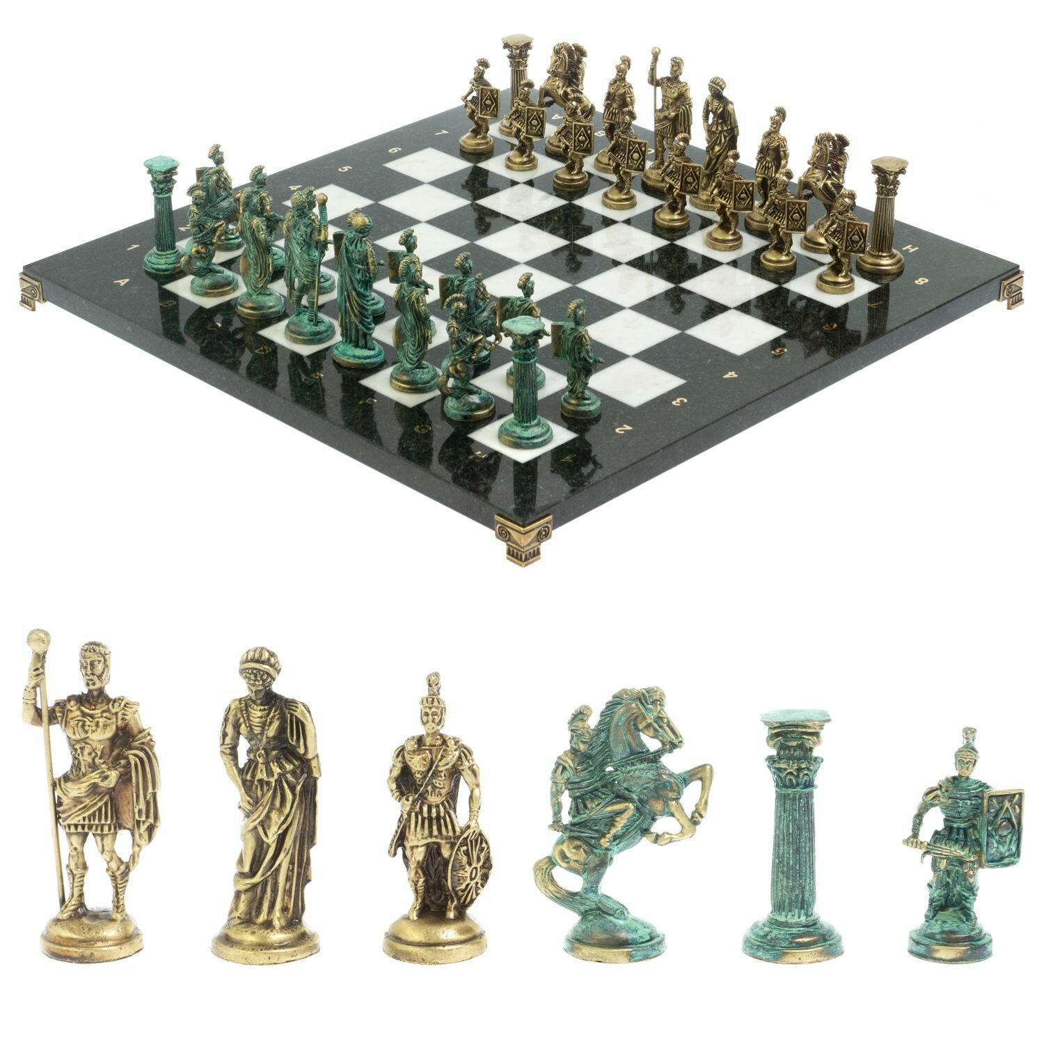 Шахматы "Римские войны" фигуры бронза / патина 44х44 см мрамор 128378