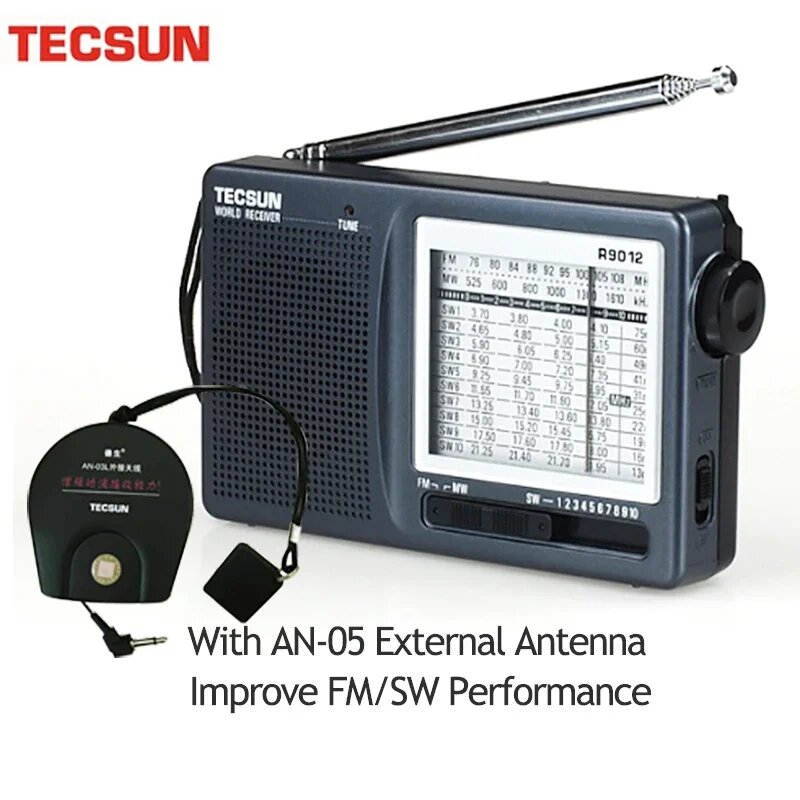 TECSUN R-9012 AM/FM/SW 12-диапазонный коротковолновый радиоприемник с мультидиапазонным радиоприемником с внешней антенной AN-05