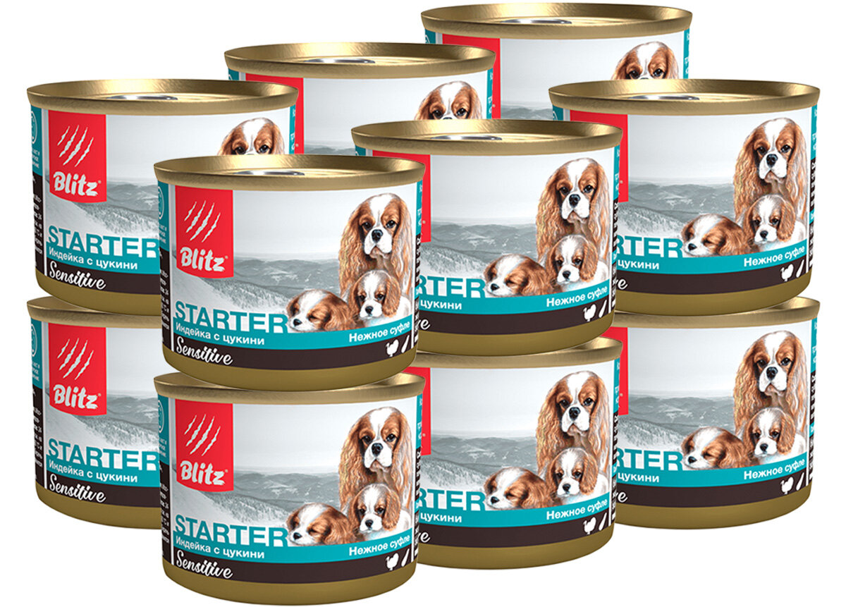 BLITZ SENSITIVE STARTER для щен, берем и кормх сук суфле с индейкой и цукини банка 200 гр 200 гр х 12 шт