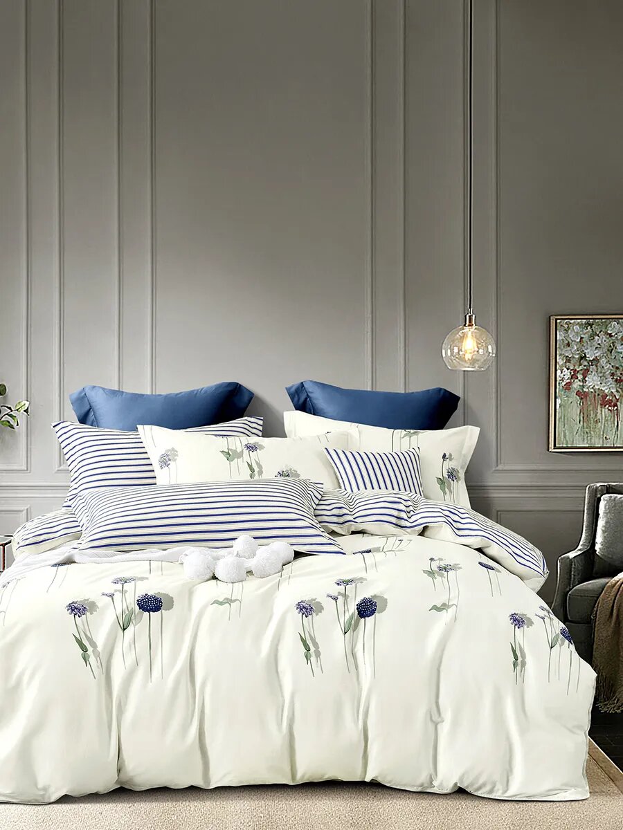 Постельное белье Евро с 2 наволочками, хлопковый сатин