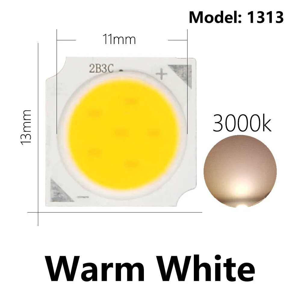 Светодиодные чипы COB 3Вт/5Вт/7Вт/10Вт 13мм 1313 3000K 10pcs, 3W 250mA DC9-10V