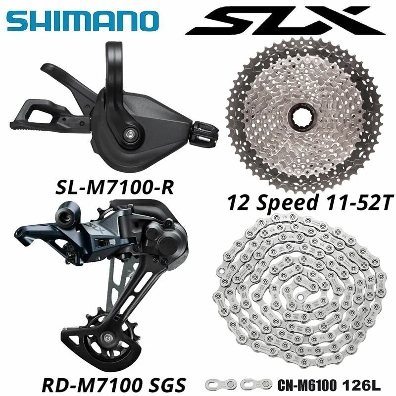 Shimano SLX M7100, группа 1x12, переключение SL-R/RD (Без окном), кассета SUNSHINE-SZ 11-52T, цепь CN-M6100 126L, Комплект для переключения скоростей велосипеда (набор из 4 шт.)
