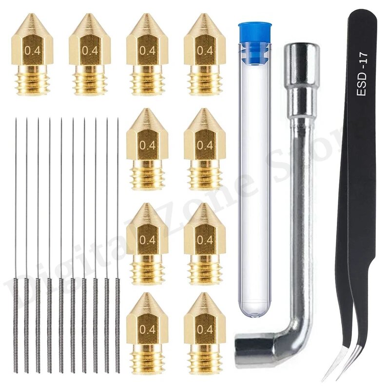 23 шт. набор инструментов для чистки сопел-10 шт. 0,4 мм MK8 сопла + 10 шт. чистящих игл + гаечный ключ + Пинцет Набор аксессуаров для 3D-принтера