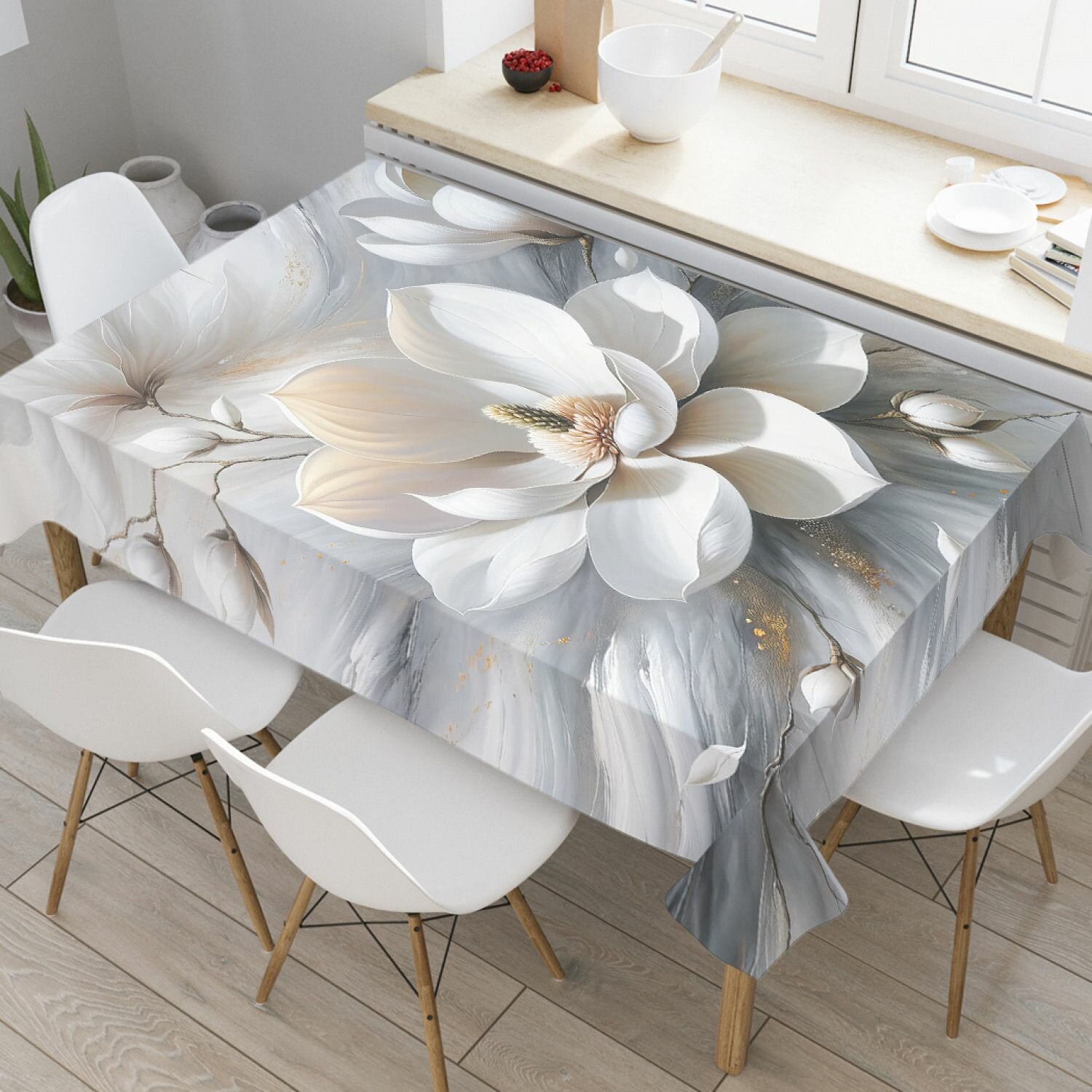 Прямоугольная тканевая скатерть на стол JoyArty с рисунком "Магнолия" 120 на 145 см