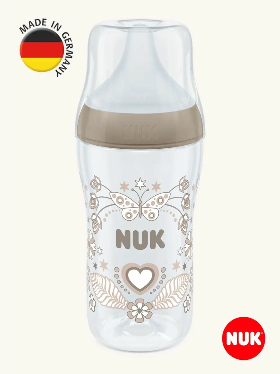 Бутылочка NUK совместимая с грудным вскармливанием из полипропилена 260 мл с индикатором температуры с соской из силикона со средним потоком, сердце средний поток индикатор температуры сердце