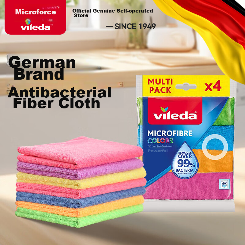 Vileda German Microfiber Cleaning Cloth, Kitchen Dishcloth, Furniture Cleaning Cloth, Removes Dirt, Oil, And Dust, Low Lint, 4-Pack