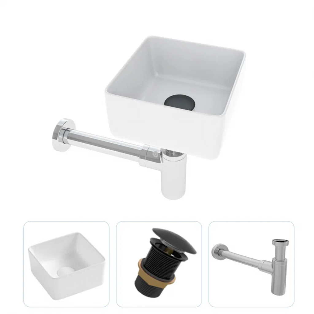 Раковина накладная для ванной Teymi Helmi Mini 24 + донный клапан клик-клак без перелива черный и сифон хром F07583