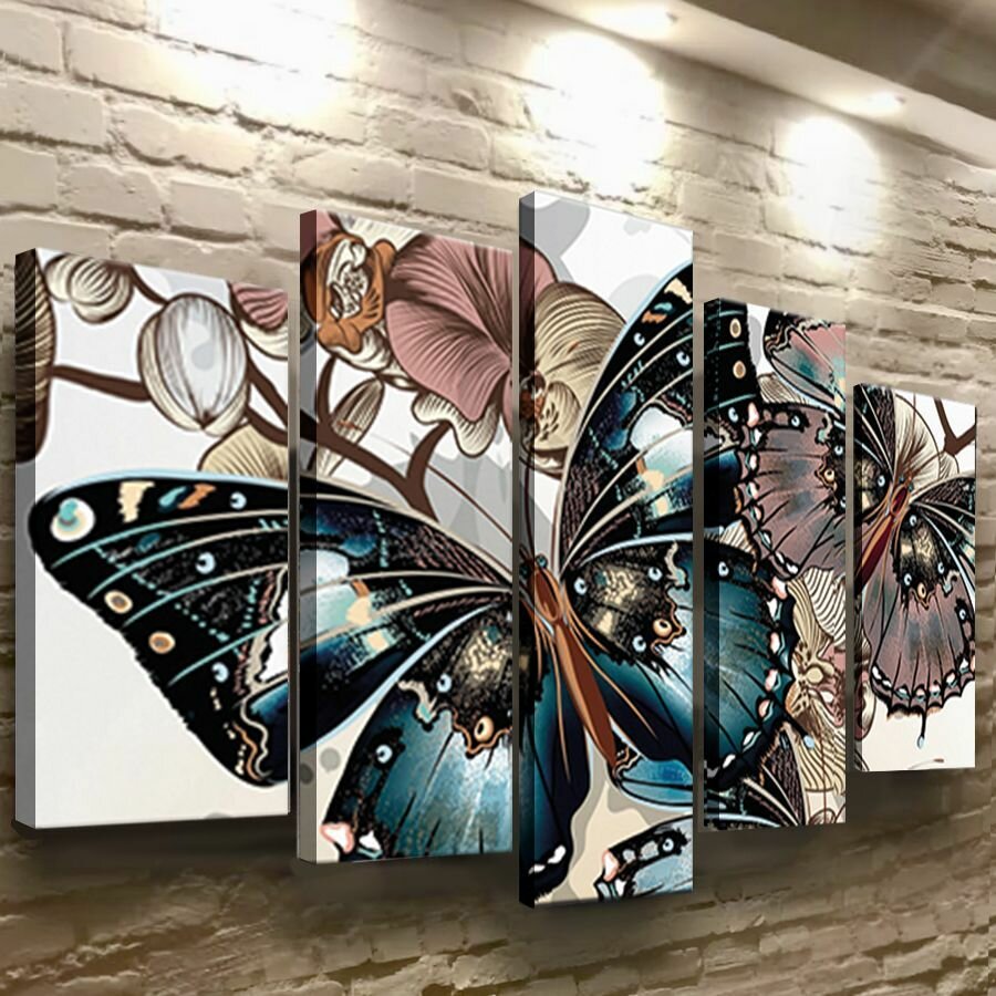 Modul007 Модульная картина из 5 модулей "Бабочка" 140х80 см для гостиной для спальни для комнаты для интерьера