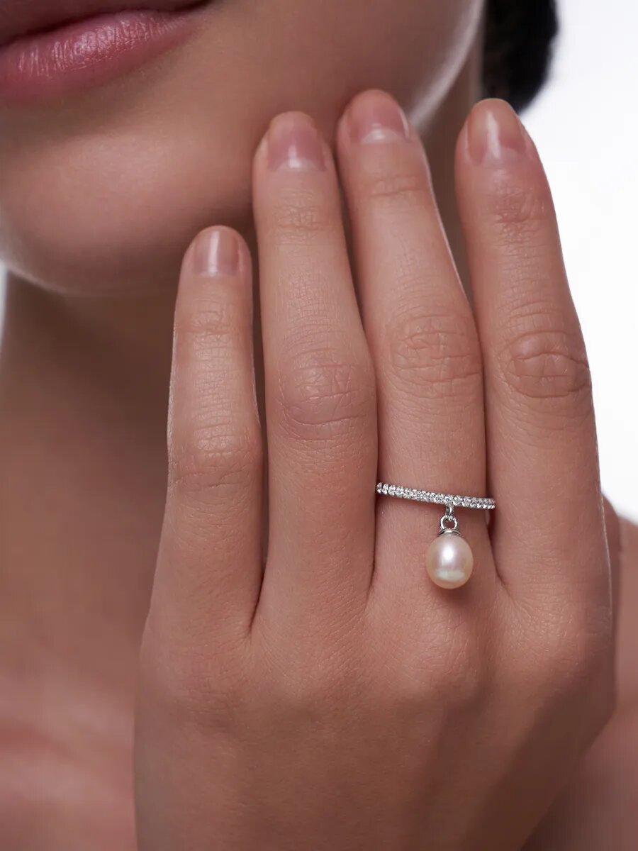 Кольцо тонкое, дорожка, серебро, 925 проба, родирование, жемчуг культивированный, фианит