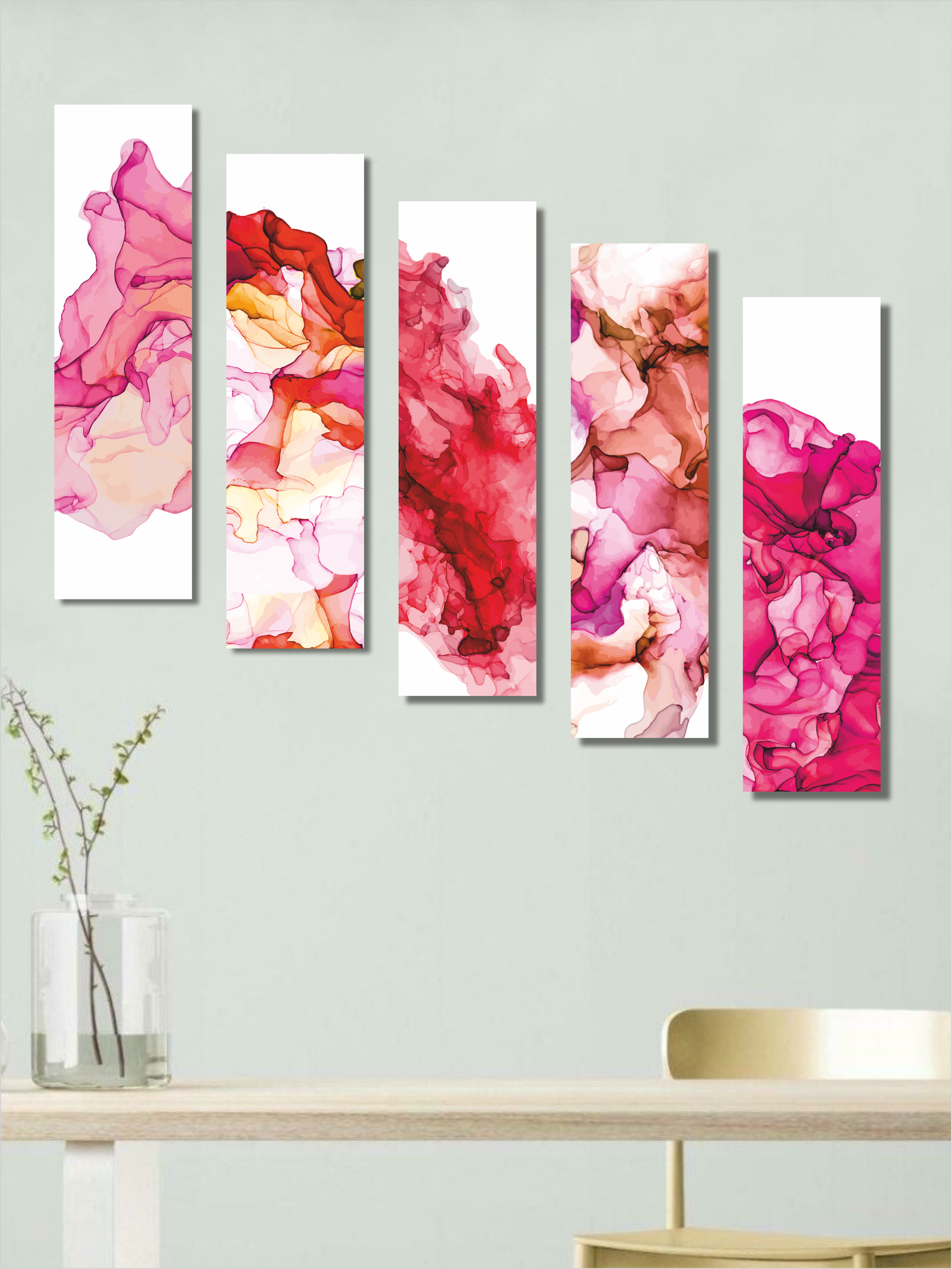Модульная картина для интерьера на стену абстракция. Розовые акварельные разводы 25х90 см - 5 штук на холсте на подрамнике