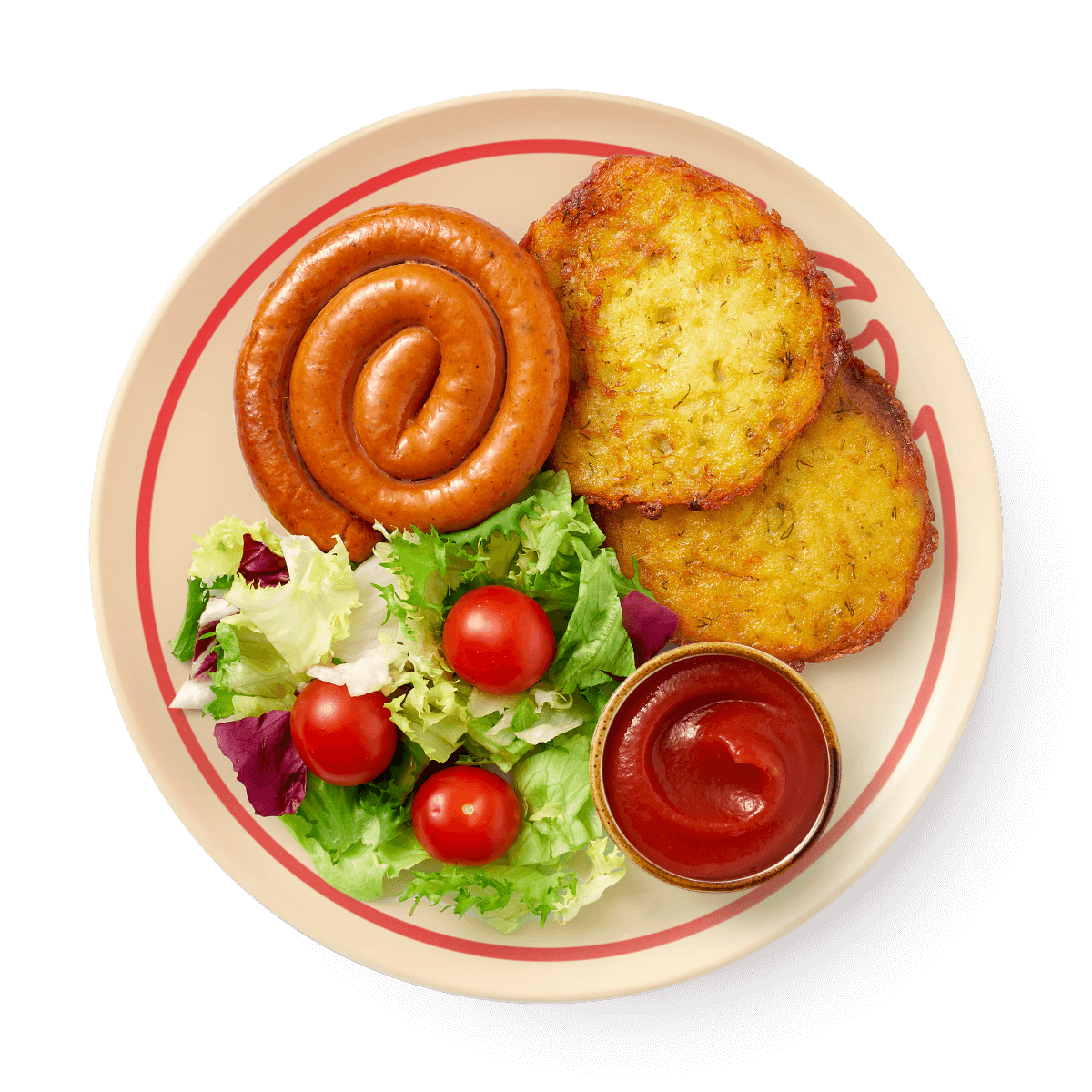 Драники с колбасками и кетчупом "Есть Горячее", с гарниром, 260 г