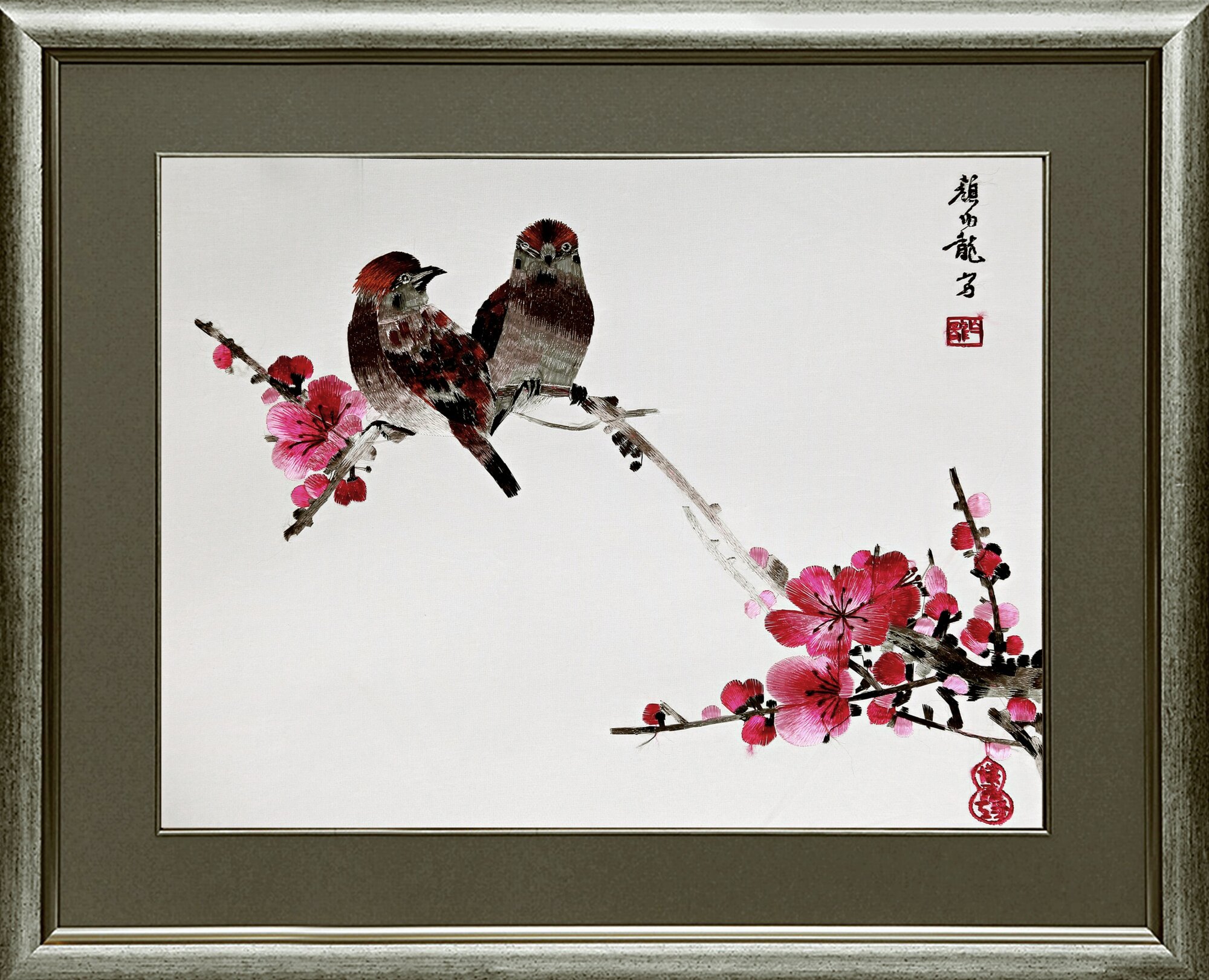 Картина Живой Шелк Весеннее щебетание, вышивка шелком ручная с 3Dэффектом/см57х47х3/багет+паспарту