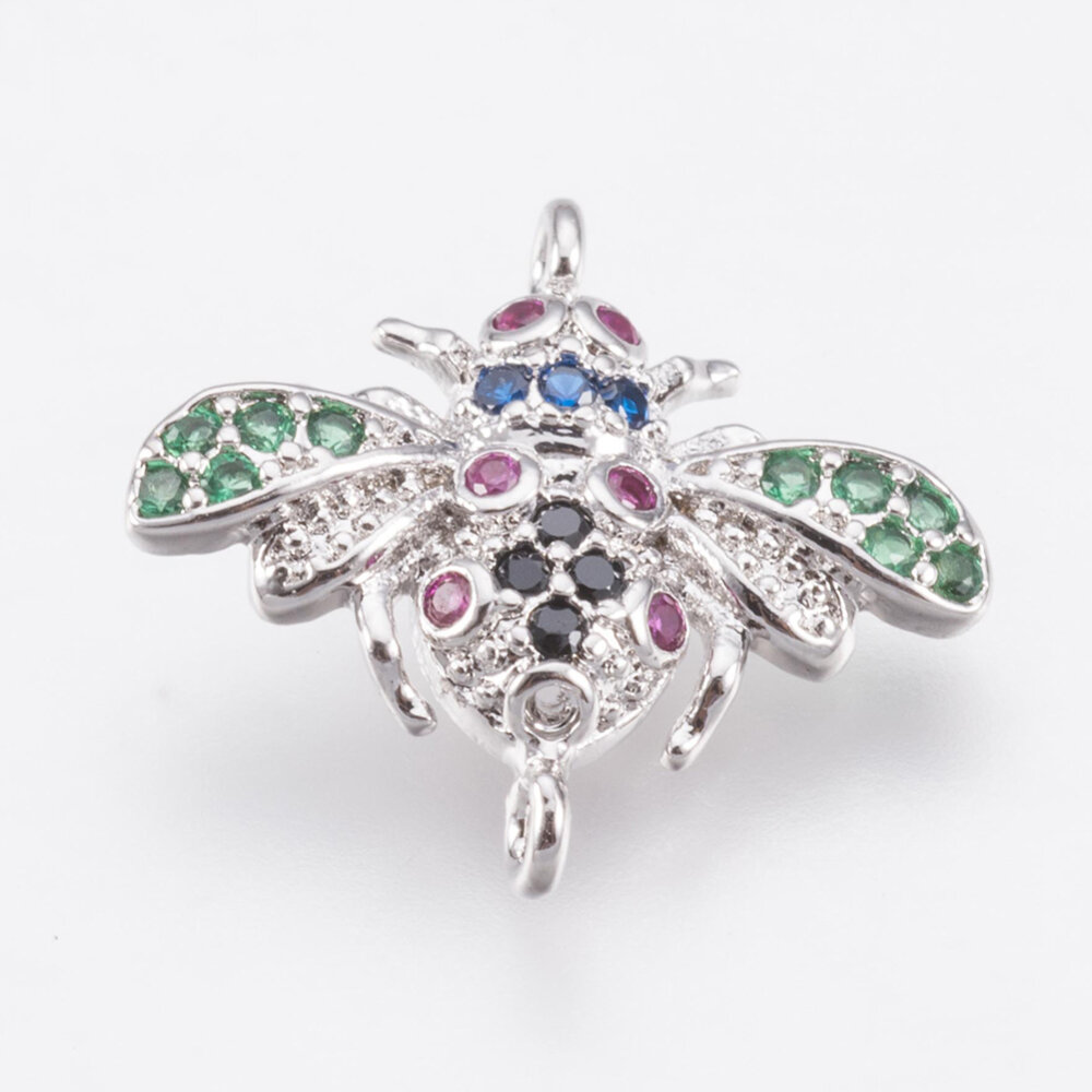 Коннектор 17х15.5х3.5мм, Milano, насекомое, Майский жук, с разноцветными фианитами, базовый материал - латунь, под родий, 1 шт.