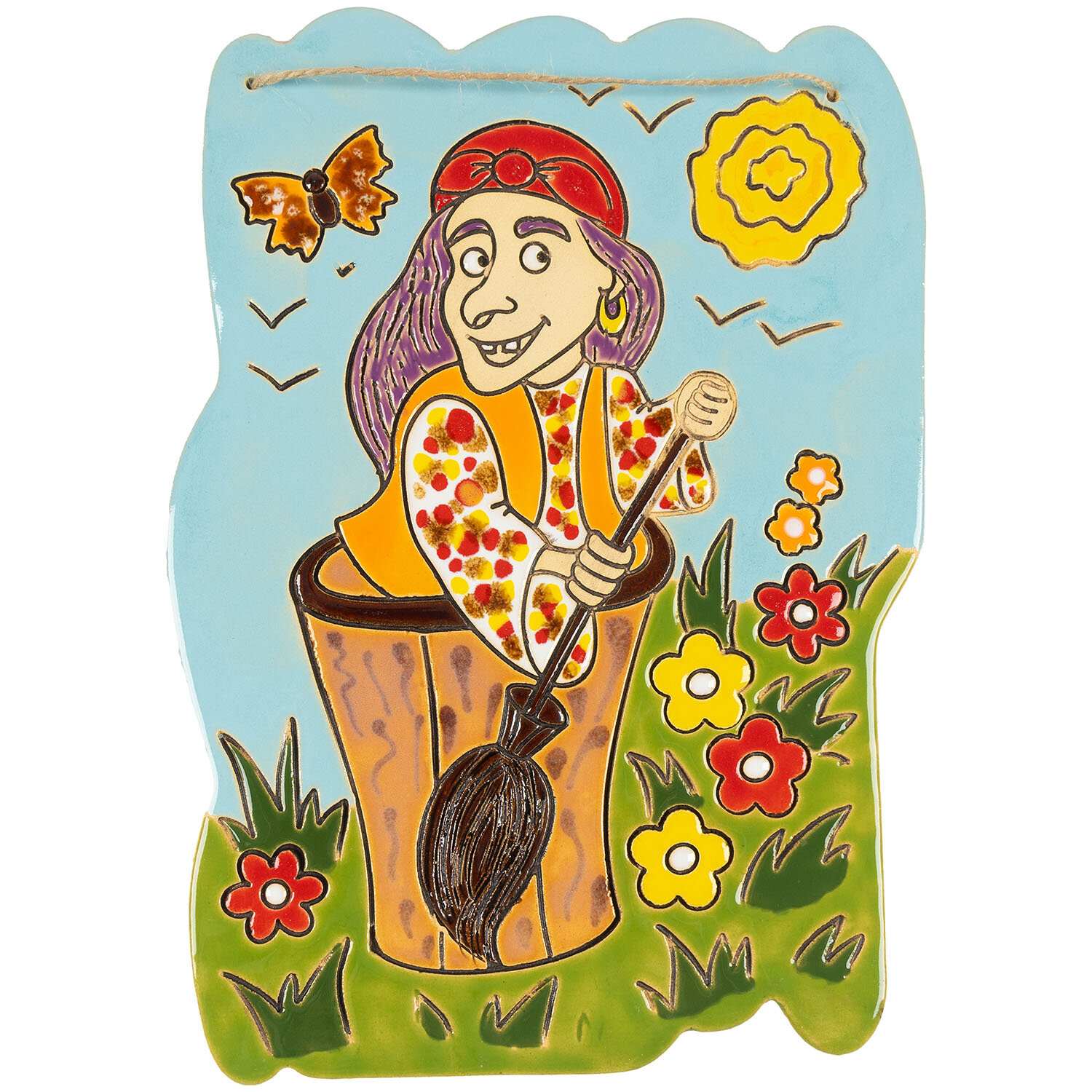 Панно декоративное Баба Яга в ступе керамическое авторской ручной работы